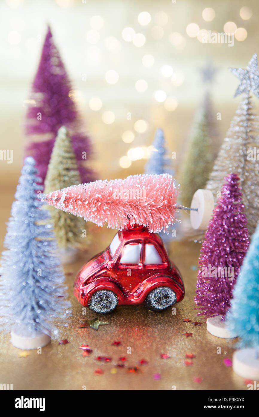 Little red car with christmas tree , transporting christmas tree Stock ...