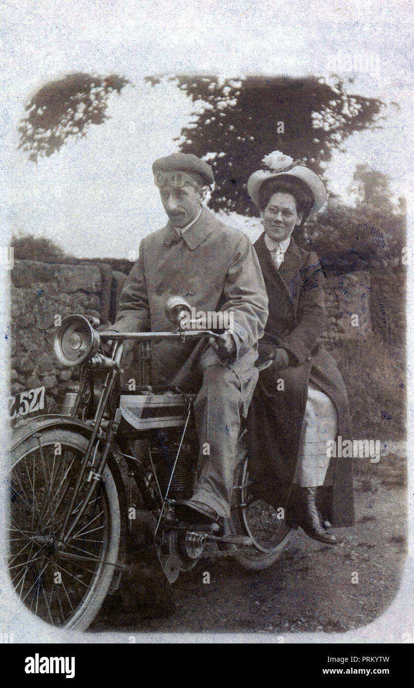 Gentleman & lady pose for a photograph on a 1910 Triumph 500cc Single ...