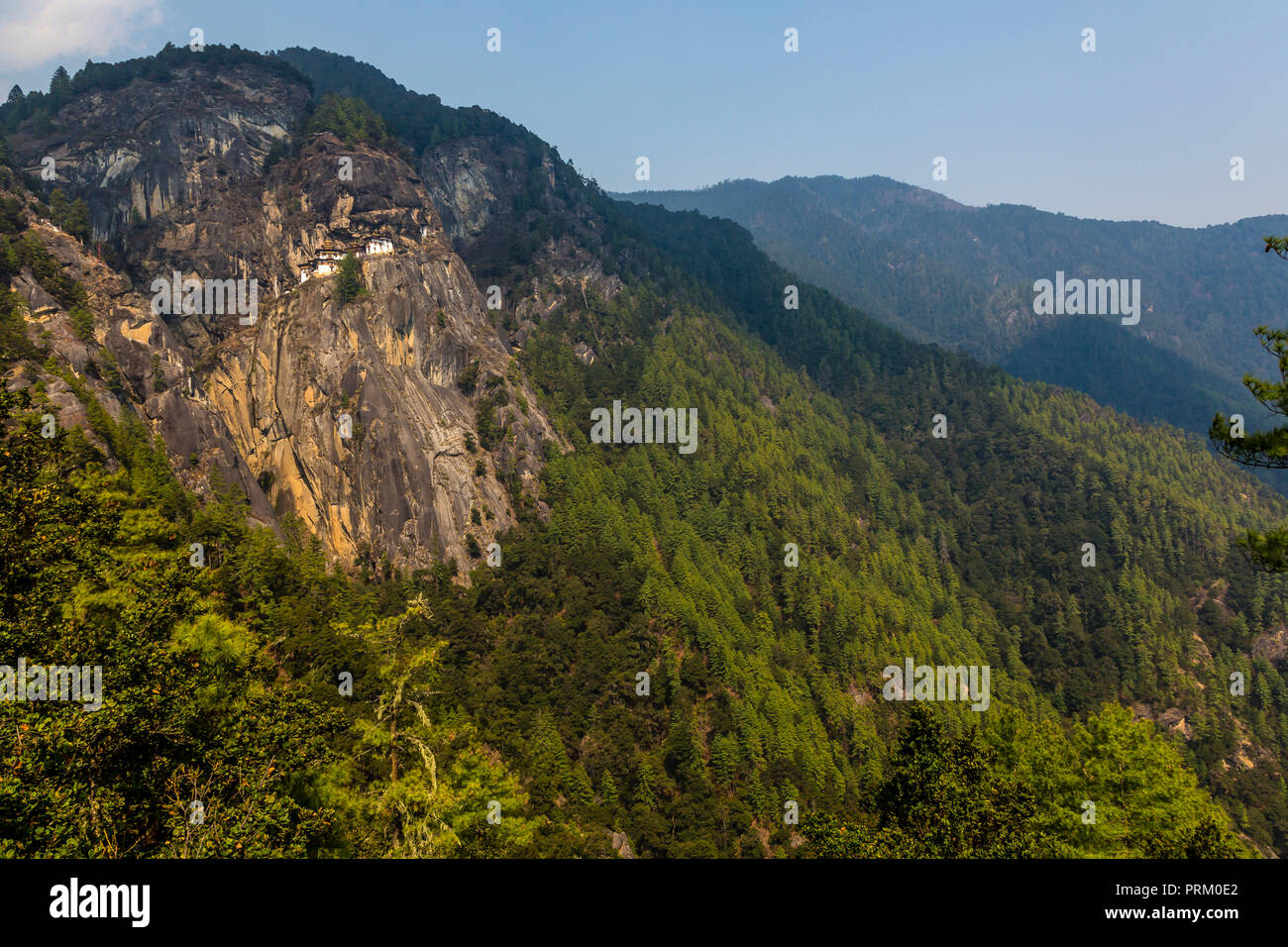Distant view of the Taktshang monastery in the town of Paro in Bhutan ...