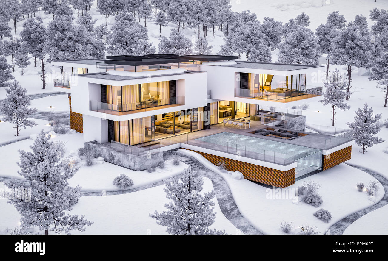 3d rendering of modern cozy house by the river with garage. Cool winter ...