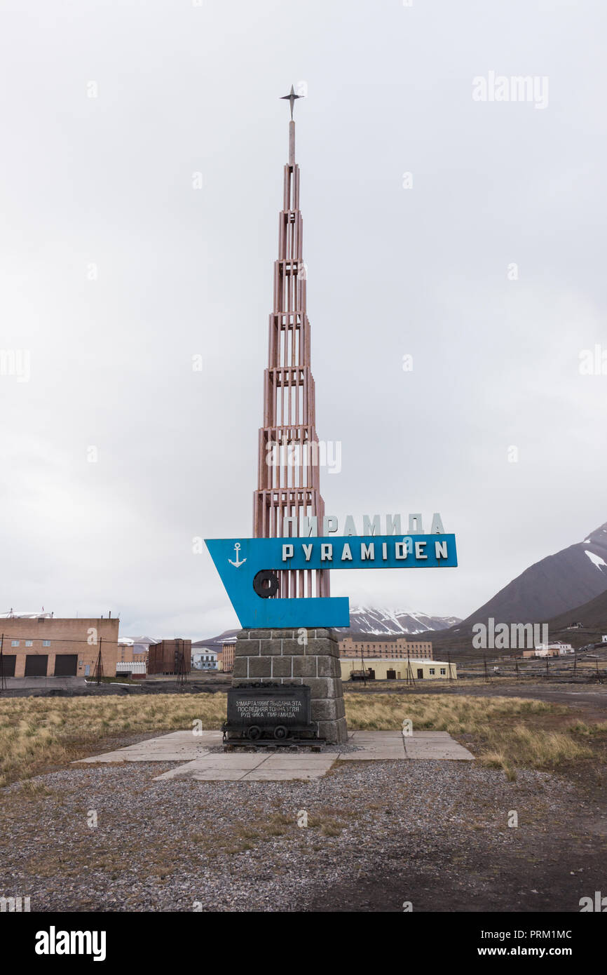 Pyramiden signpost at abandoned former soviet arctic coal mining ...