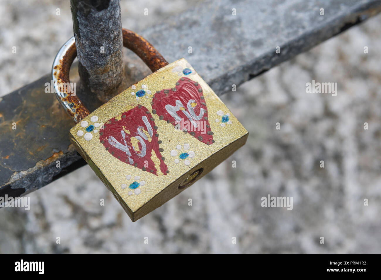 Padlock lovelock with You / Me, His and Hers hearts painted. Metaphor ...