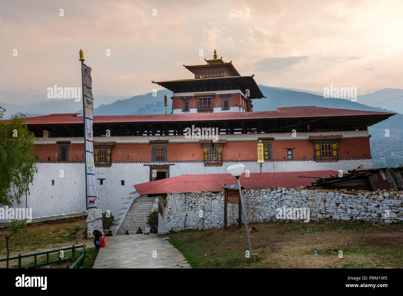 View of the complete building of Paro Dzong in the town of Paro in ...