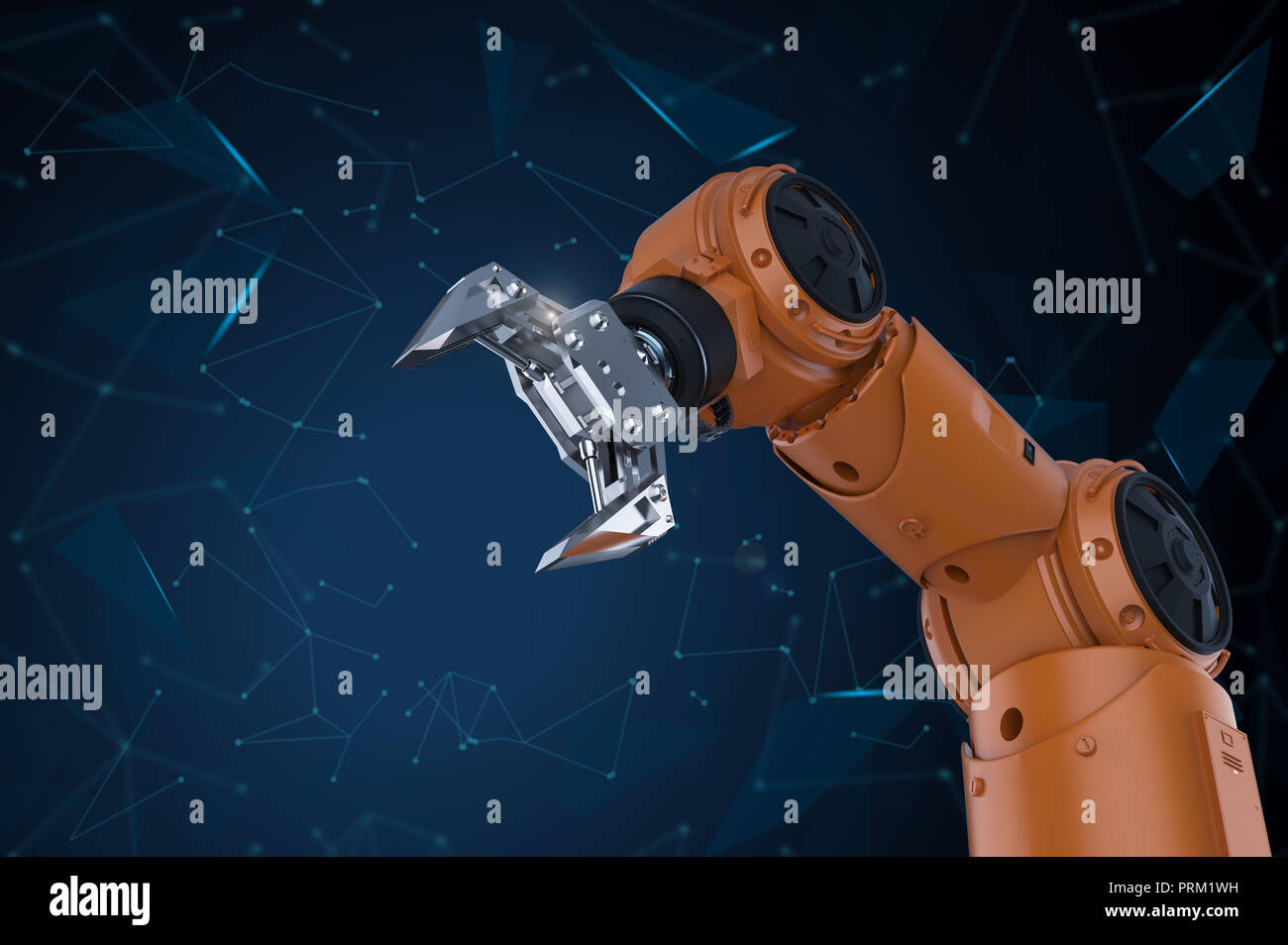 3d rendering orange robotic arm on blue background Stock Photo - Alamy