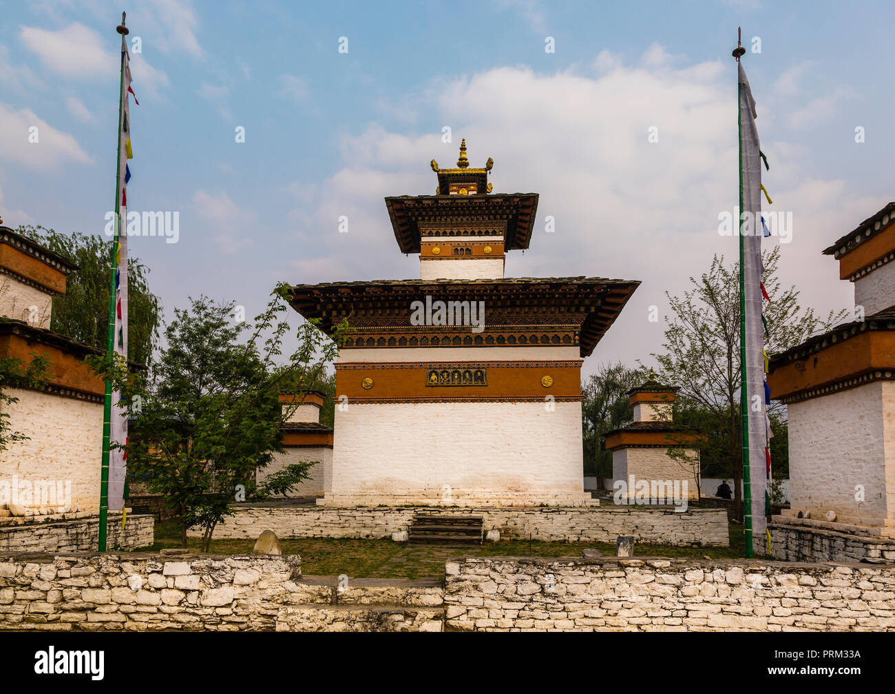 View of the triple chorten on the road in the town on Paro in Bhutan ...