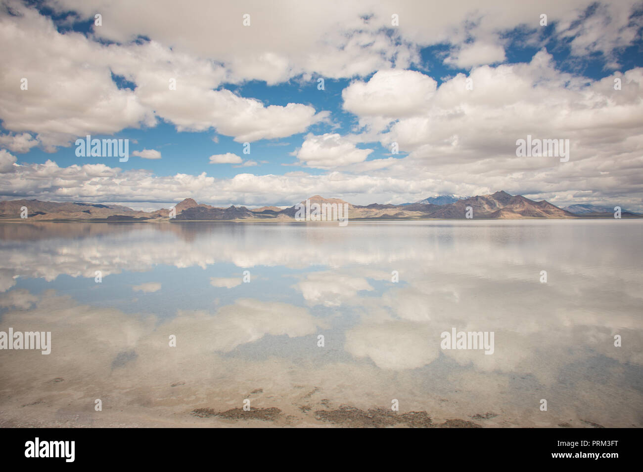 Wide angle view of Bonneville Salt Flats in Utah create a mirror ...