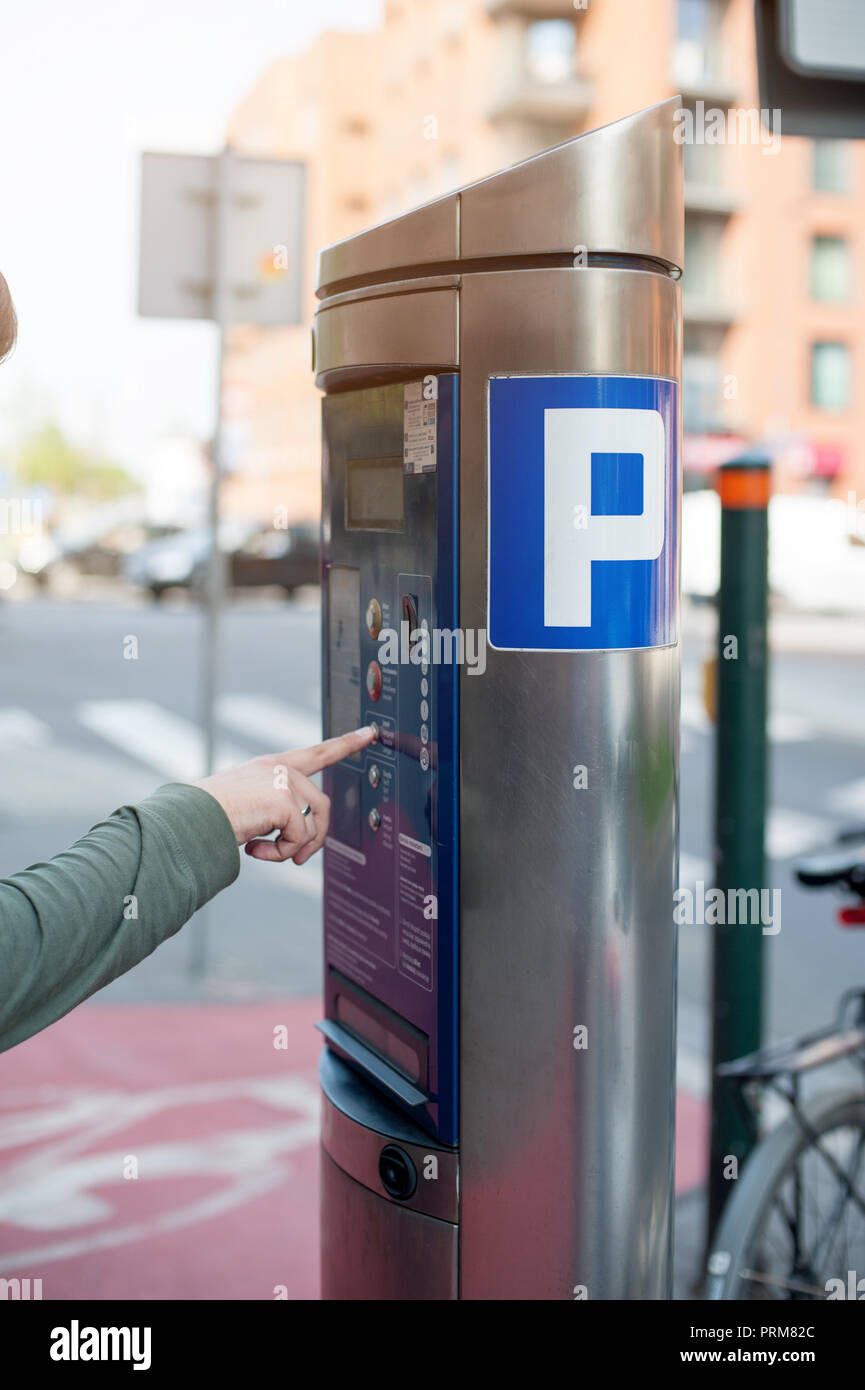 Parking machine in the city street. Terminal for paying car parking ...