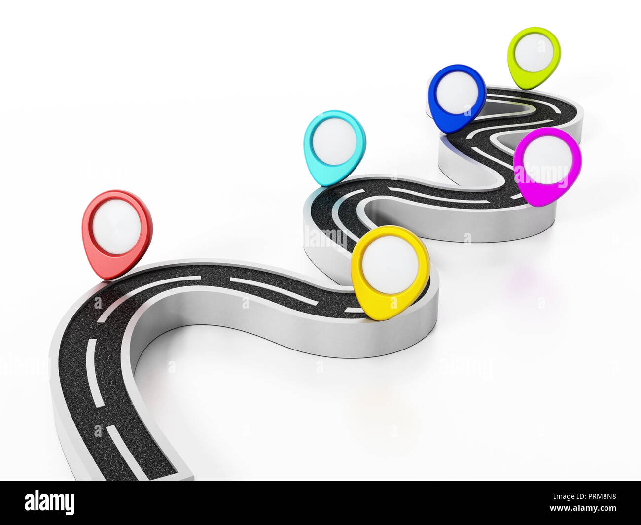 Colorful road markers and motorway isolated on white background. 3D ...