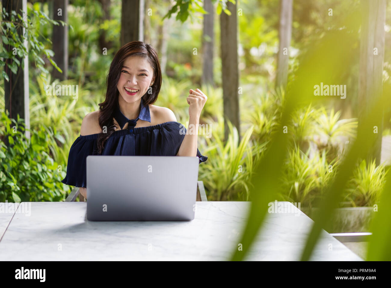 successful woman using laptop computer with arms raised Stock Photo - Alamy