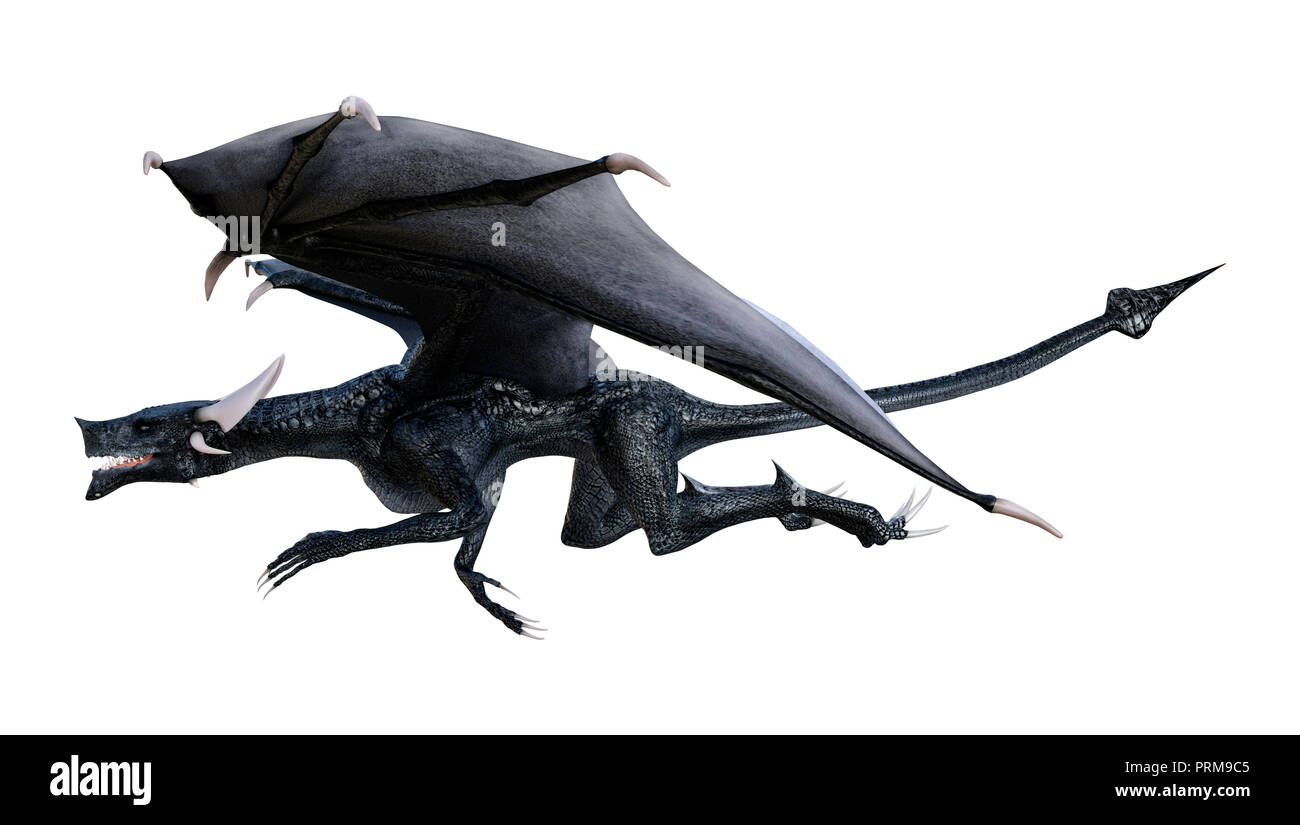 3D rendering of a black fantasy dragon isolated on white background ...
