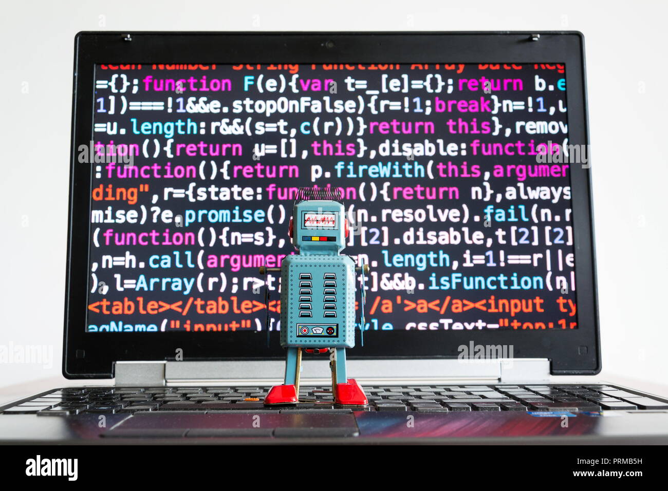 Robot with source code screen, artificial intelligence, deep learning ...