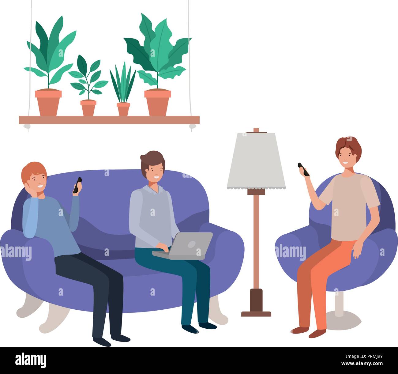 group of men using technology in the livingroom Stock Vector Image ...