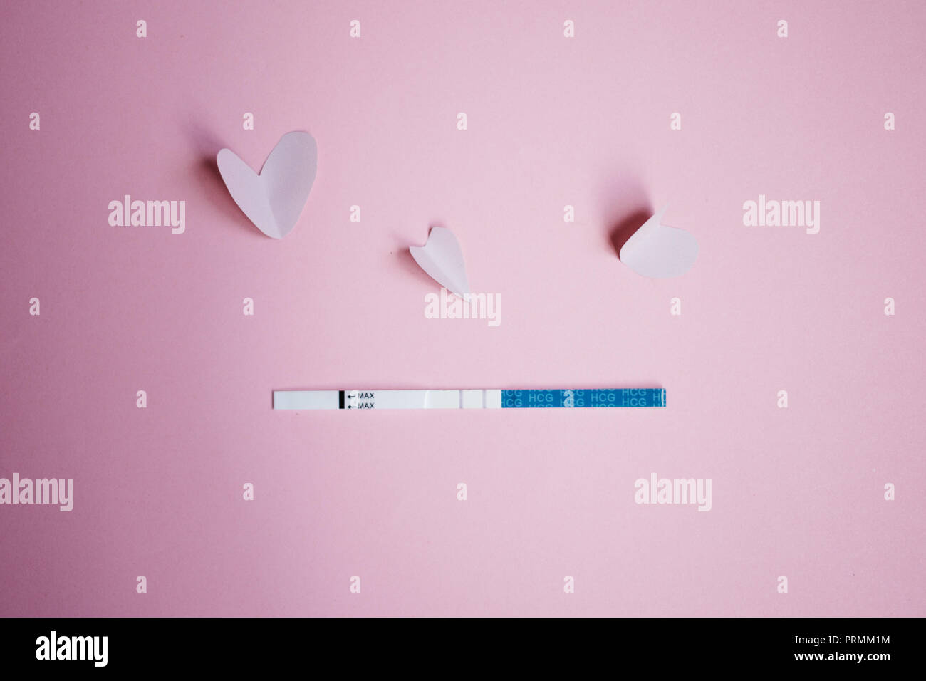 Positive pregnancy test with two strips and pink hearts. pink ...