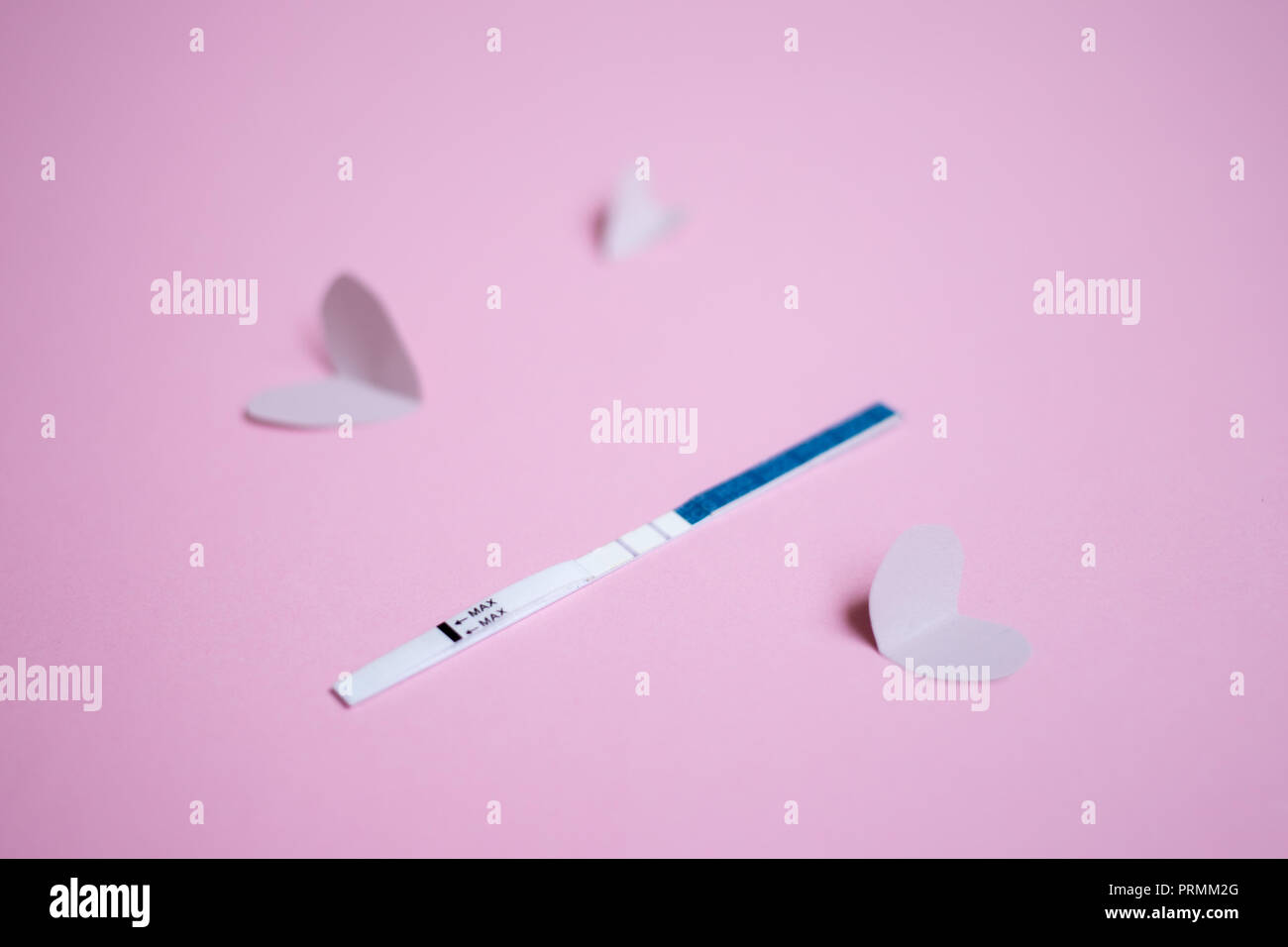 Positive pregnancy test with two strips and pink hearts. pink ...