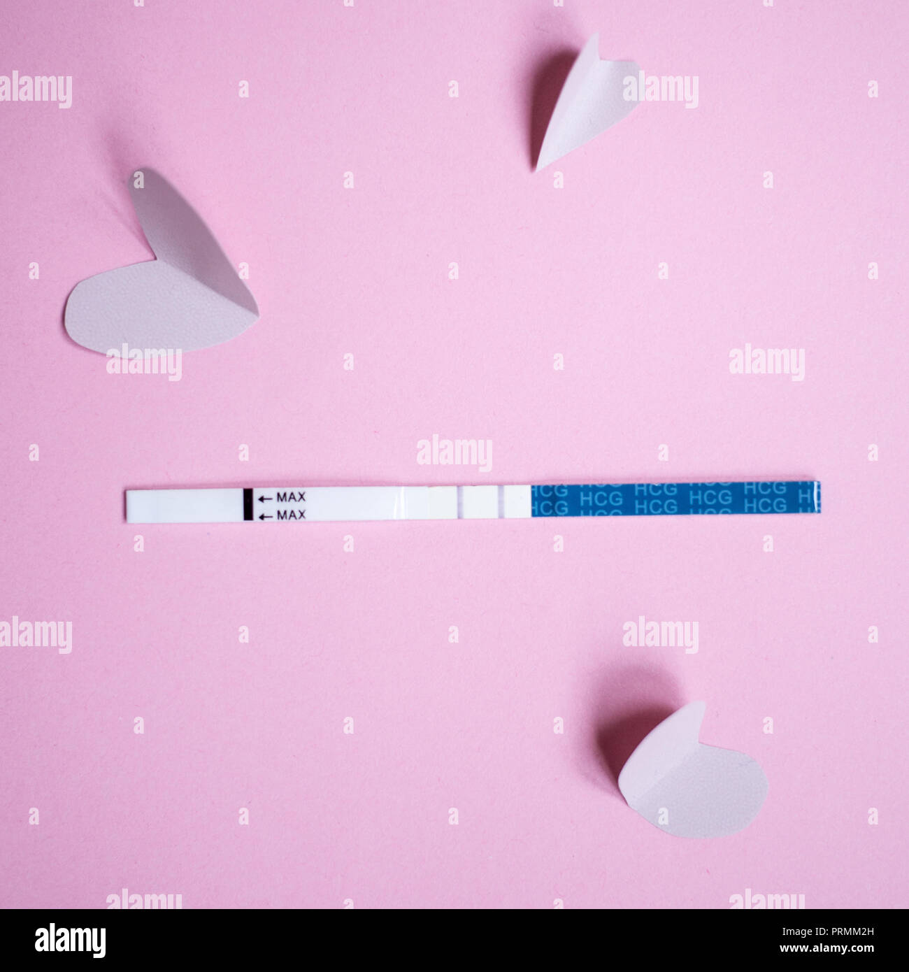 Positive pregnancy test with two strips and pink hearts. pink ...