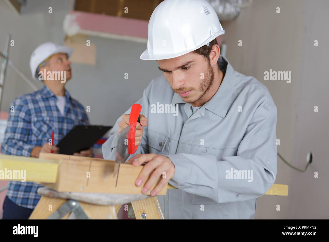 young workman using handsaw senior colleague assessing site Stock Photo ...