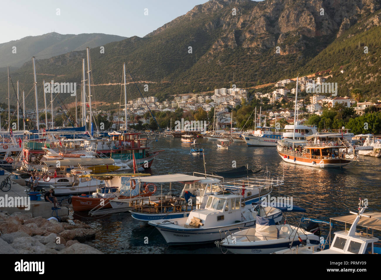 Scenic boat harbour and town on the Mediterranean coast in Kas, Turkey ...