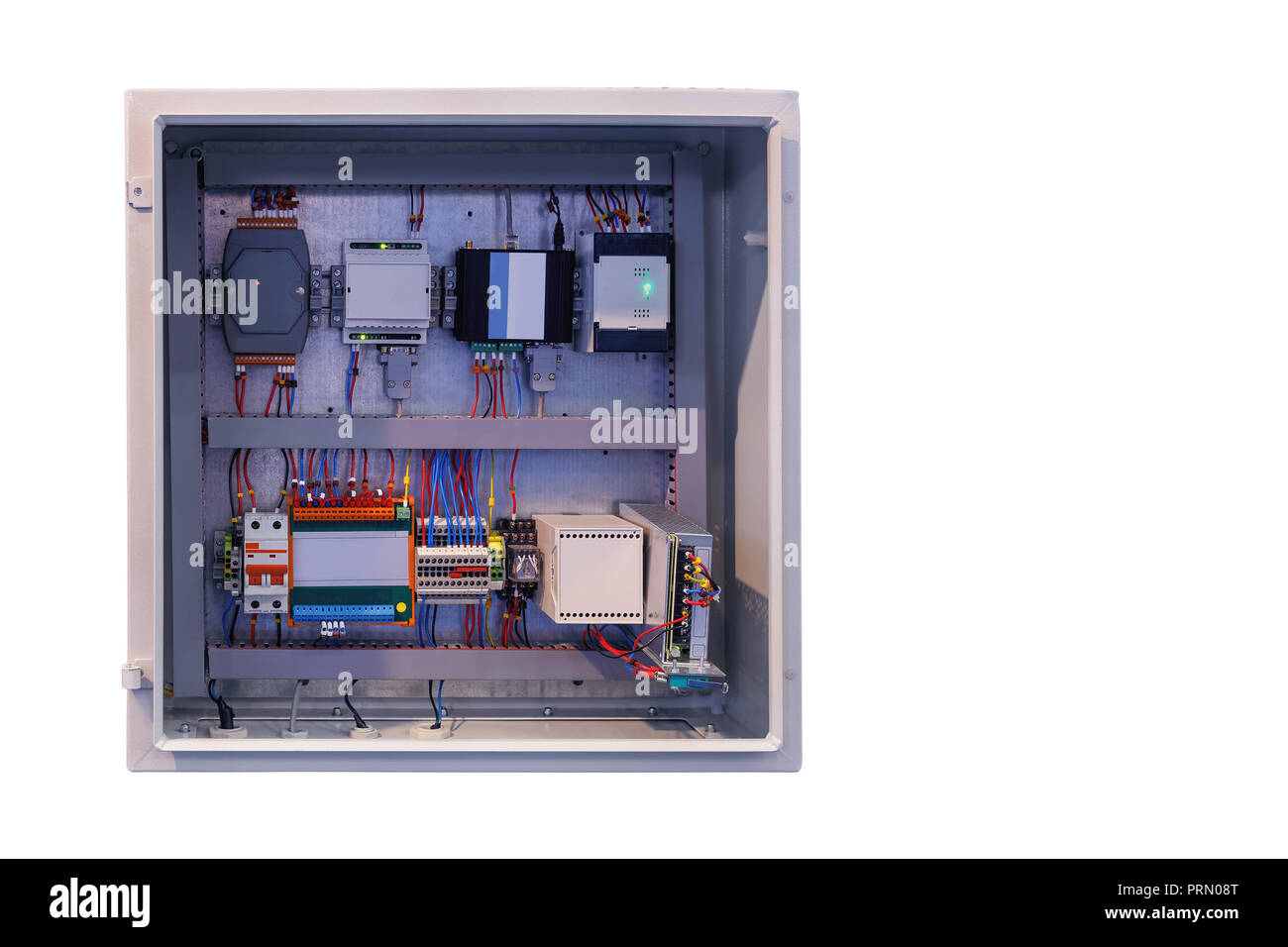 electric control cabinet with remote front door isolated on white ...