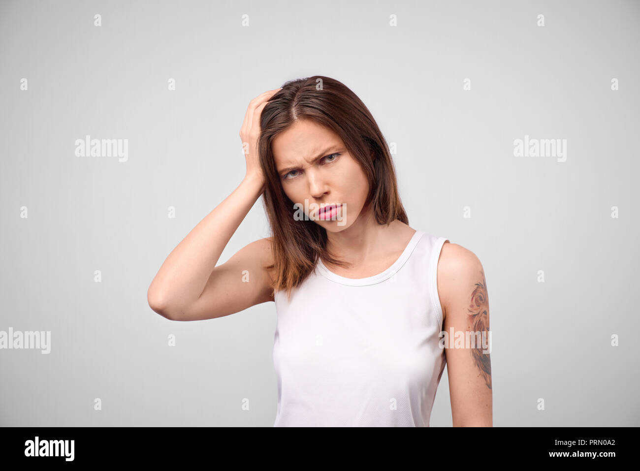 Why is that. Beautiful female half-length portrait isolated on white ...