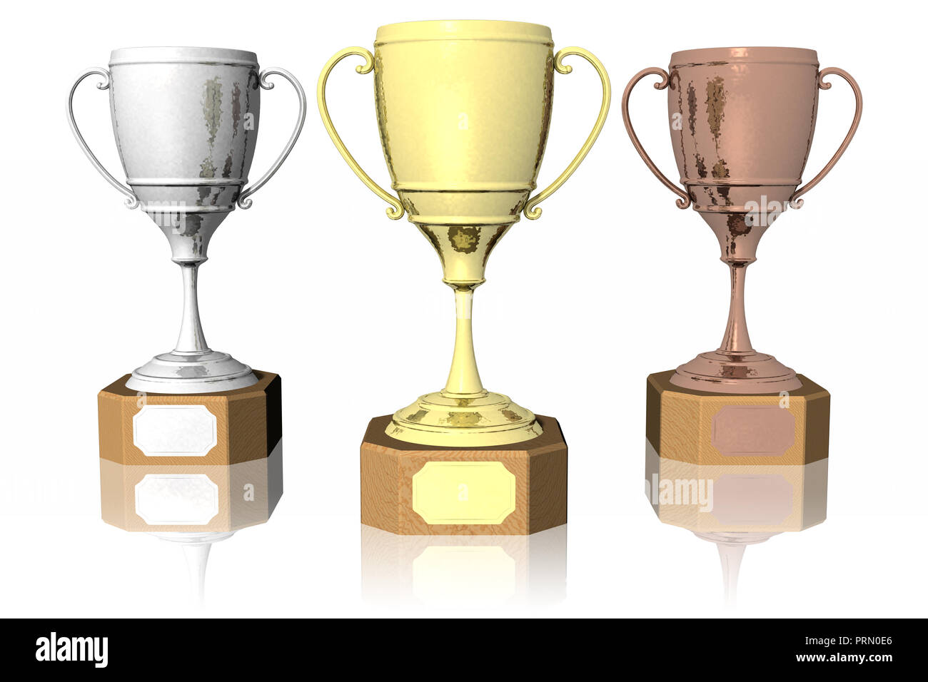 3D illustration. Cups first, second, third place. Gold, silver, bronze ...