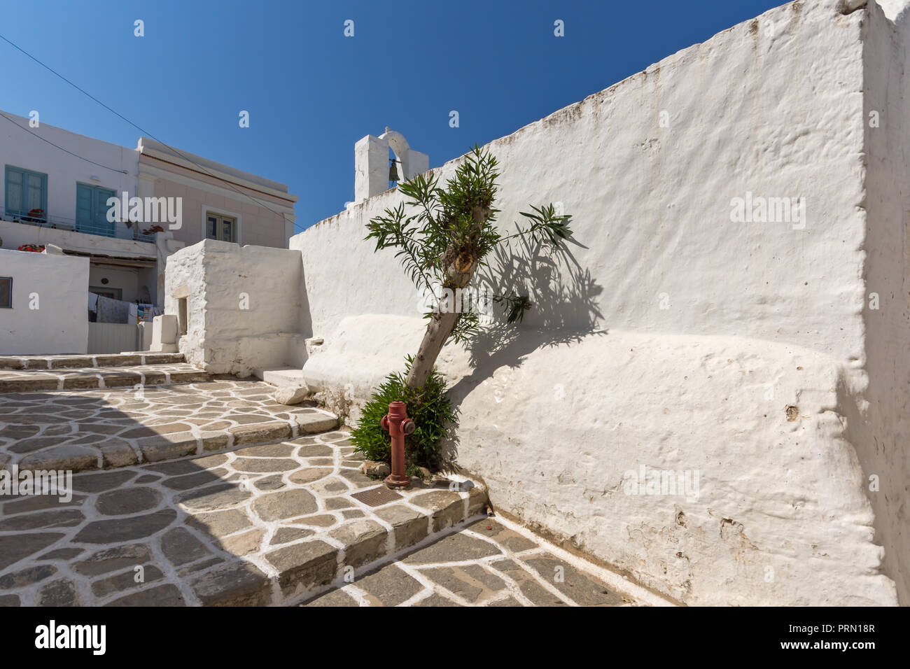 White church in town of Parakia, Paros island, Cyclades, Greece Stock ...