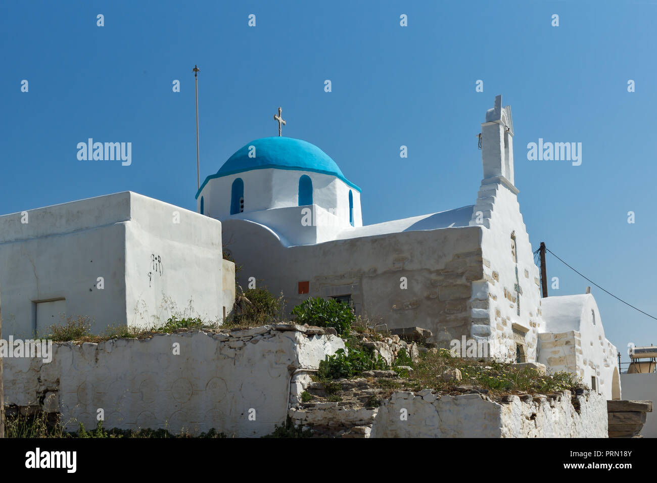 White church in town of Parakia, Paros island, Cyclades, Greece Stock ...