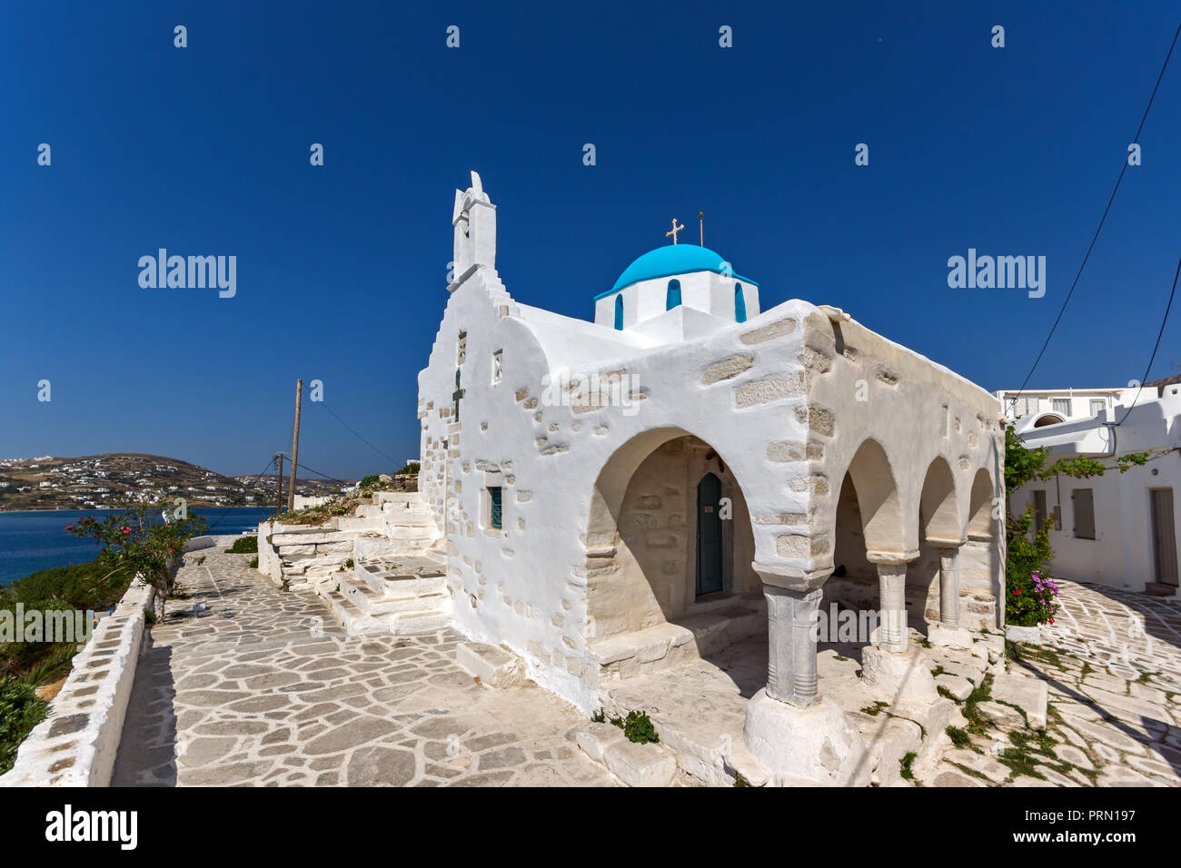 White church in town of Parakia, Paros island, Cyclades, Greece Stock ...