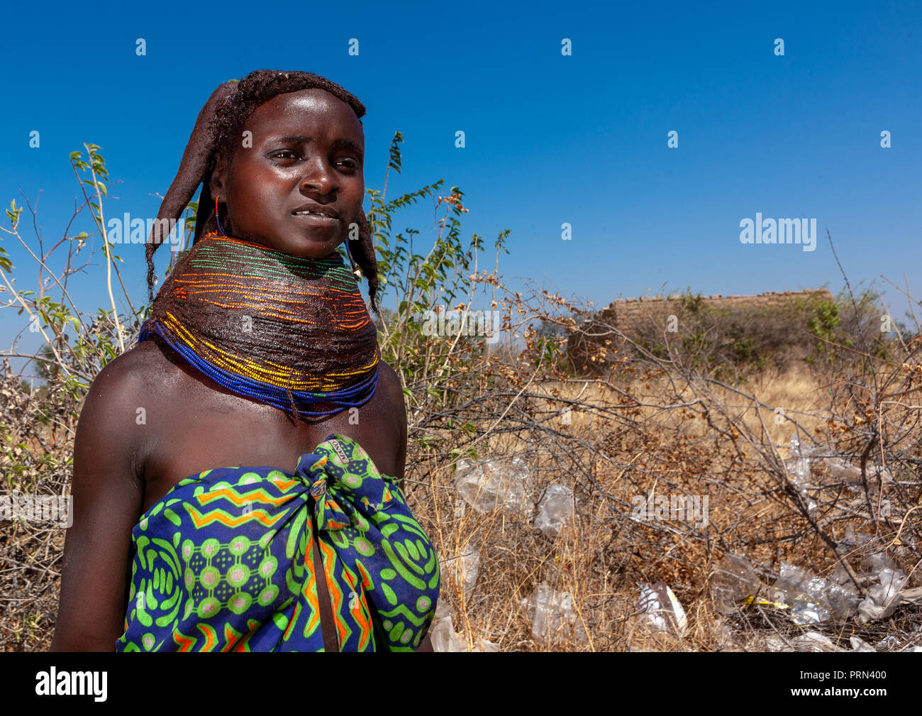 Portrait of a Mumuhuila tribe woman portrait wearing a huge necklace ...
