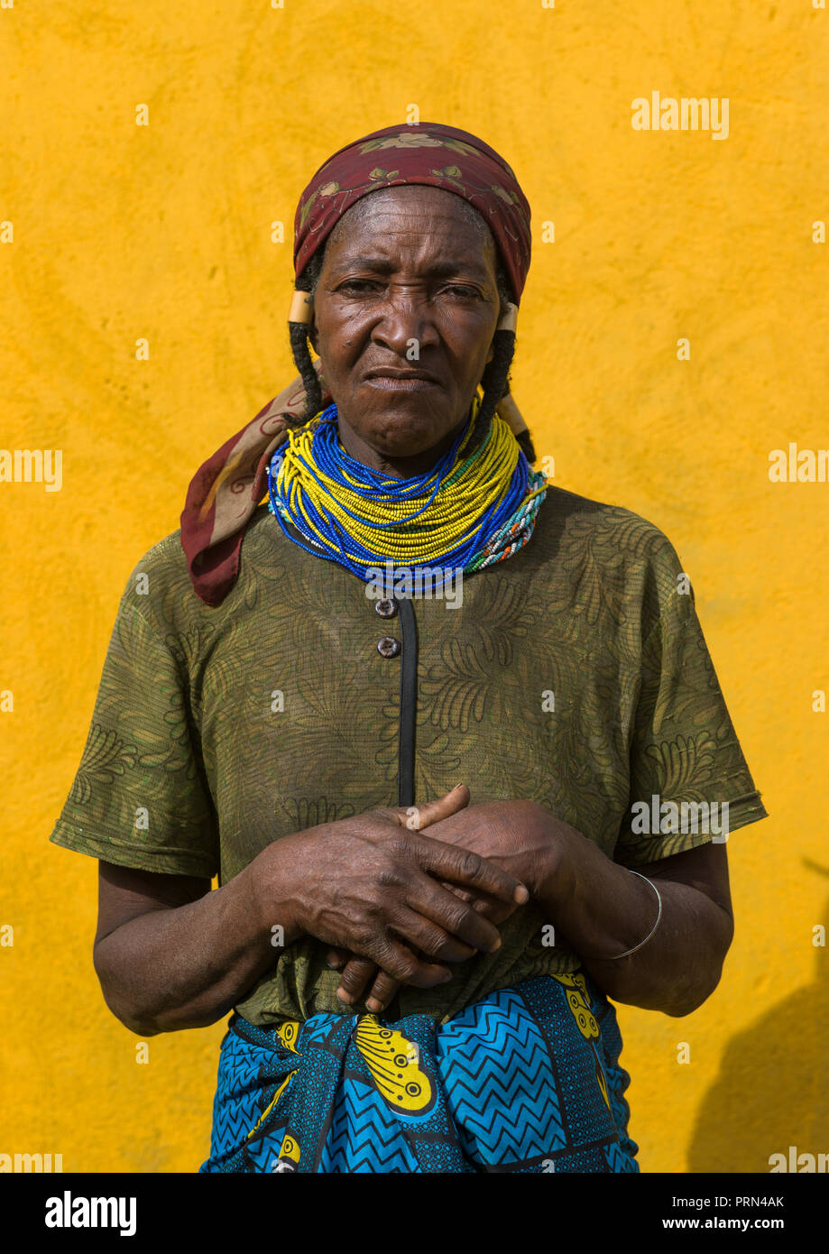 Mumuhuila tribe woman portrait dressed in western clothes, Huila ...