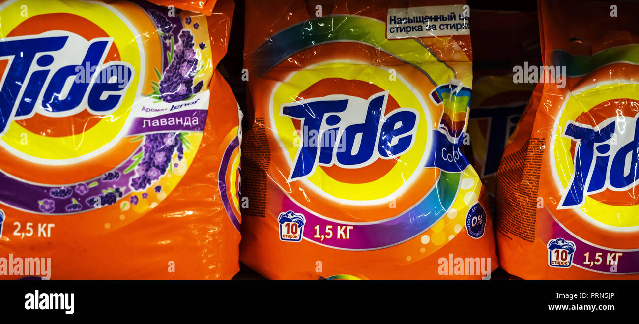 Kiev, Ukraine. 2nd Oct, 2018. Tide Sachet is seen in a Ukranian store ...