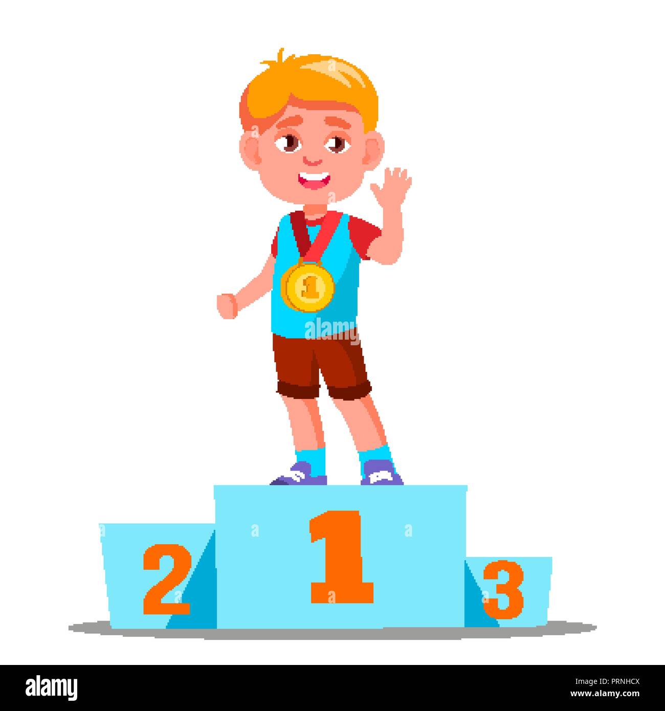 Happy Children On A Sports Pedestal With Gold Medal Vector. Competition ...