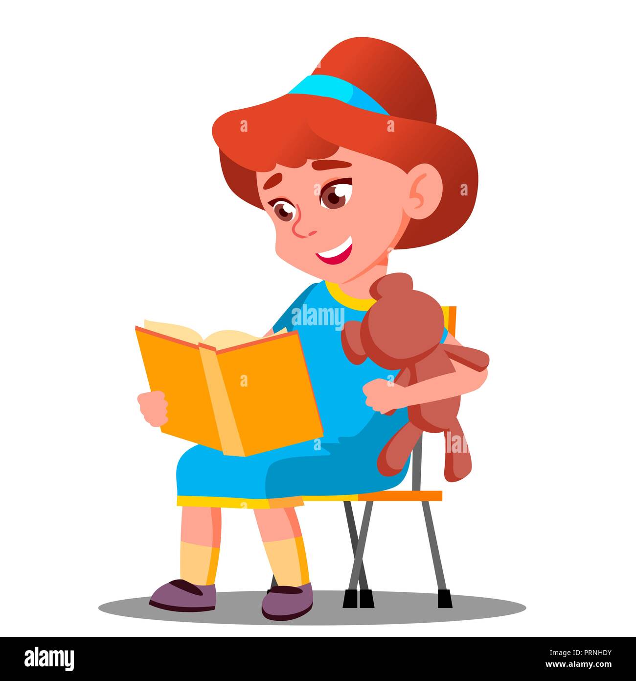 Little Beautiful Girl Reading A Book With A Soft Toy Vector. Education ...