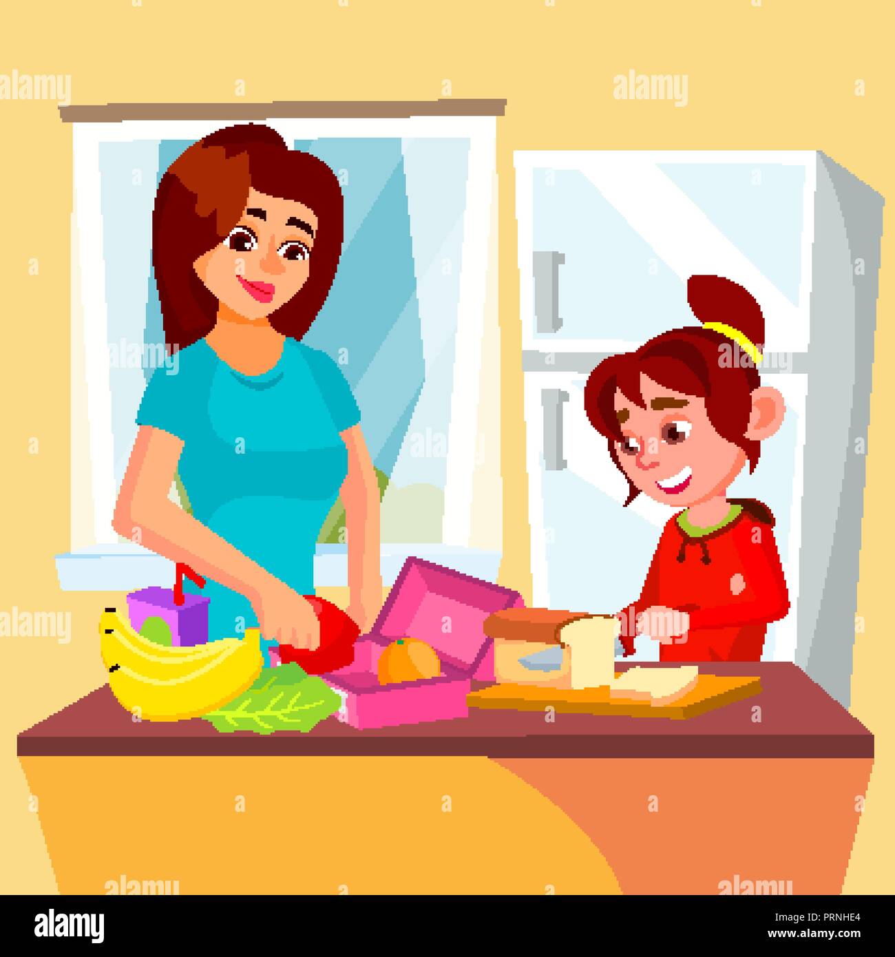 Little Girl Helping Mother In The Kitchen Vector. Lunch Box. Isolated ...