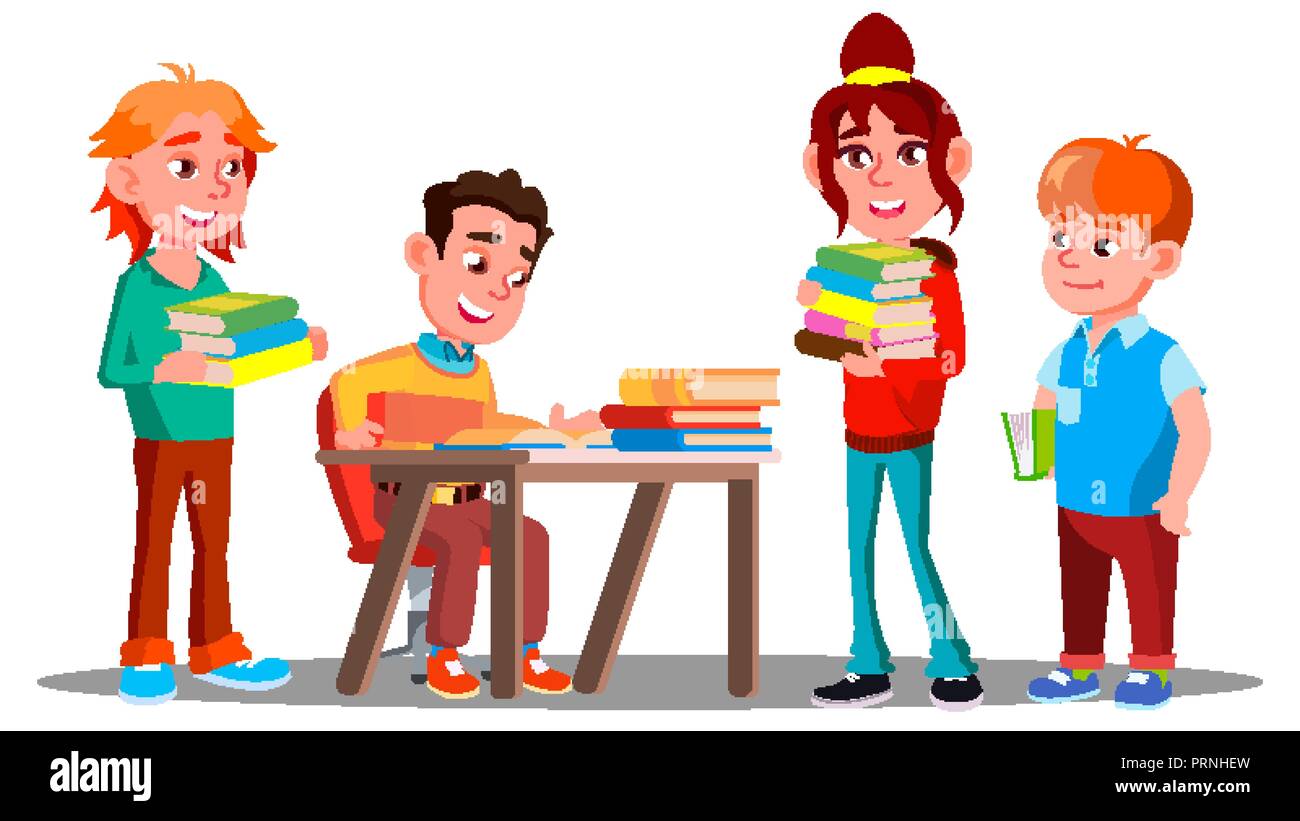 Children Reading Books Together In Library, Education Concept Vector ...