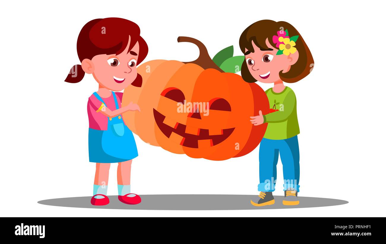 Group Of Children Celebrating Halloween With Pumpkin In Hands Vector ...