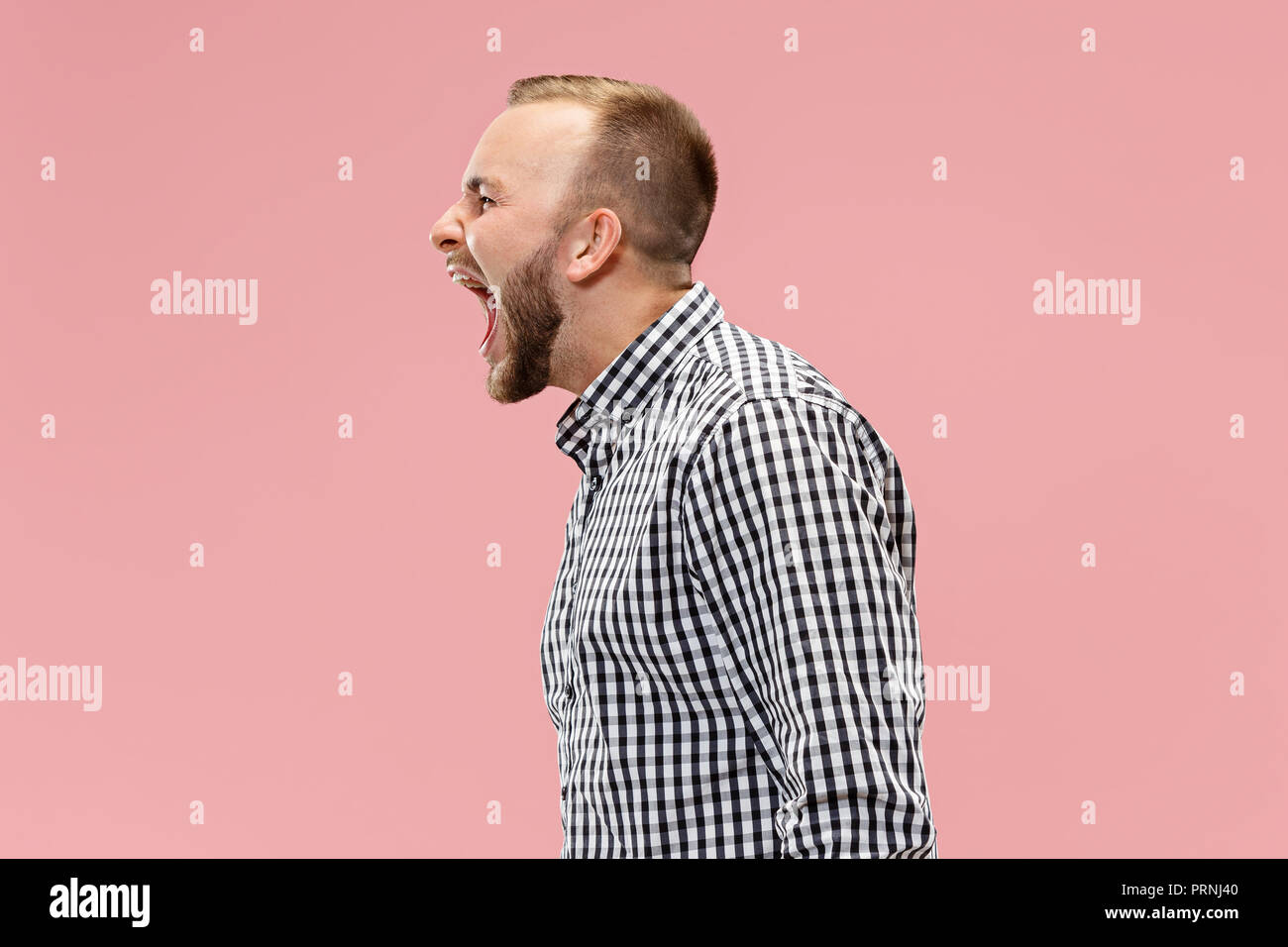 Screaming, hate, rage. Crying emotional angry man screaming on pink ...