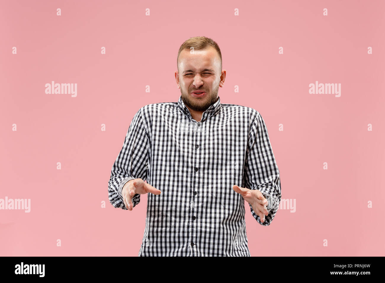 Reject, rejection, doubt concept. Young emotional man at studio. Human ...