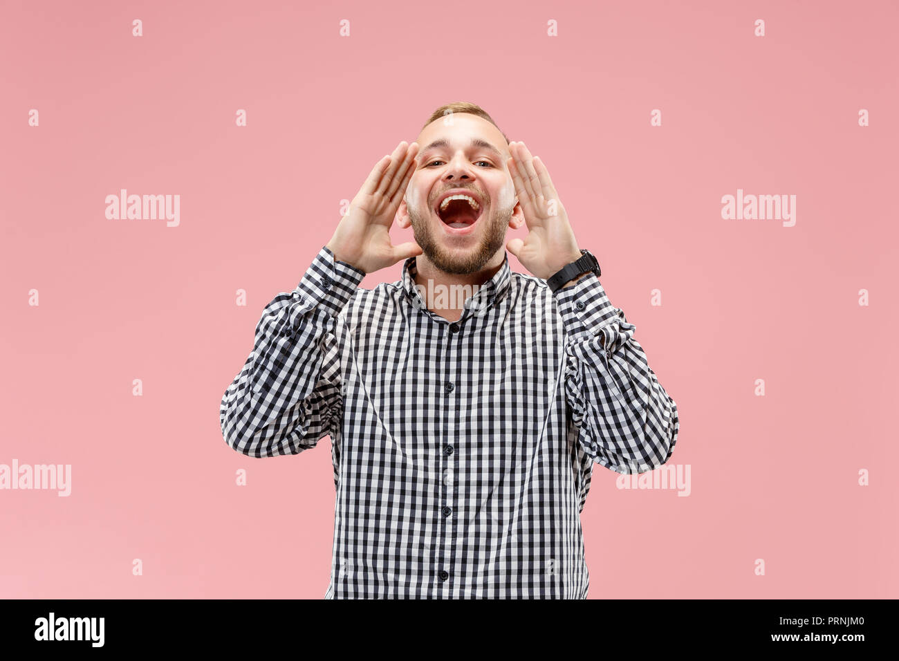 Do not miss. Young casual man shouting. Shout. Crying emotional man ...