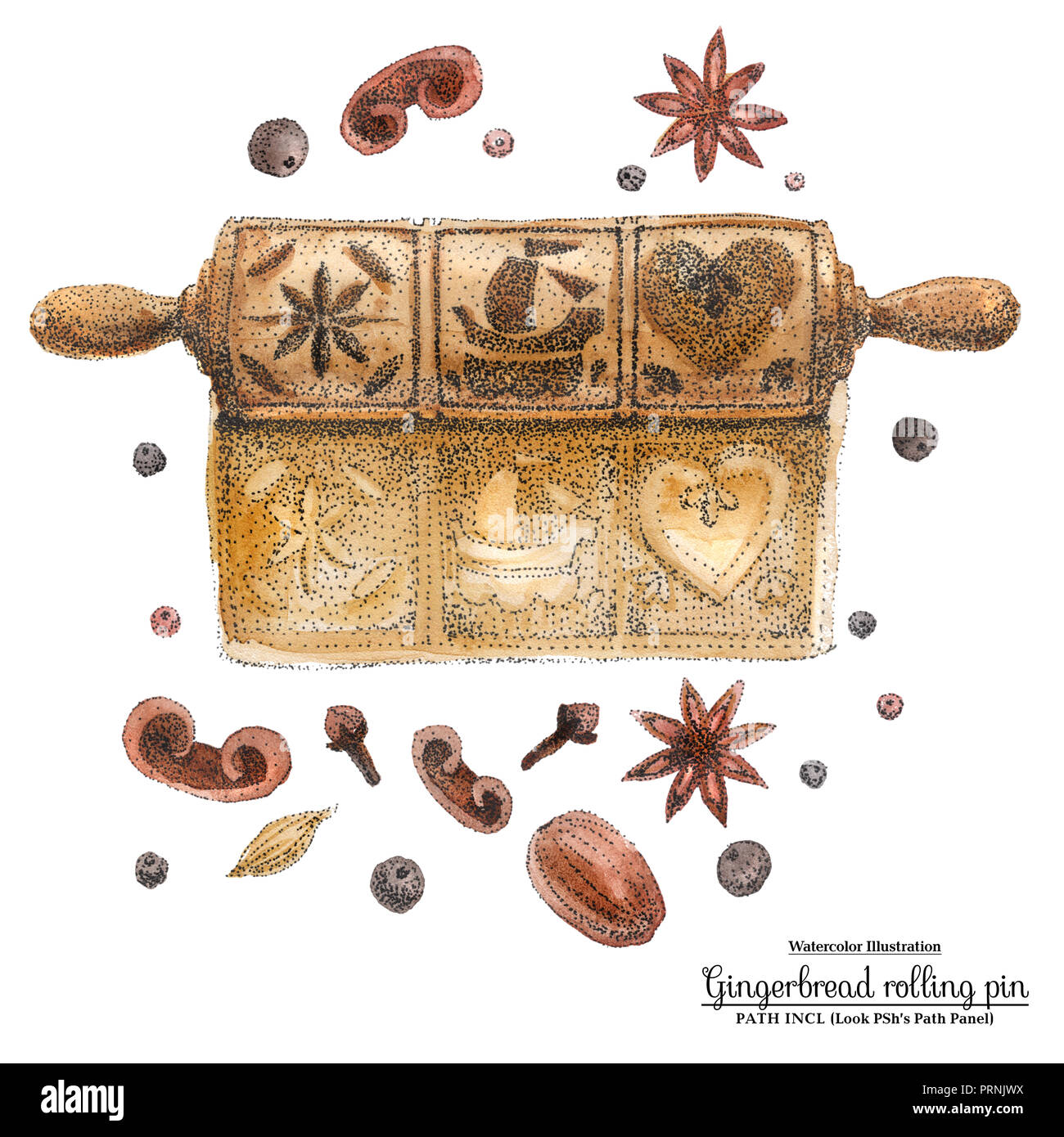 Watercolor and liner illustration in sketch style. Gingerbread rolling ...