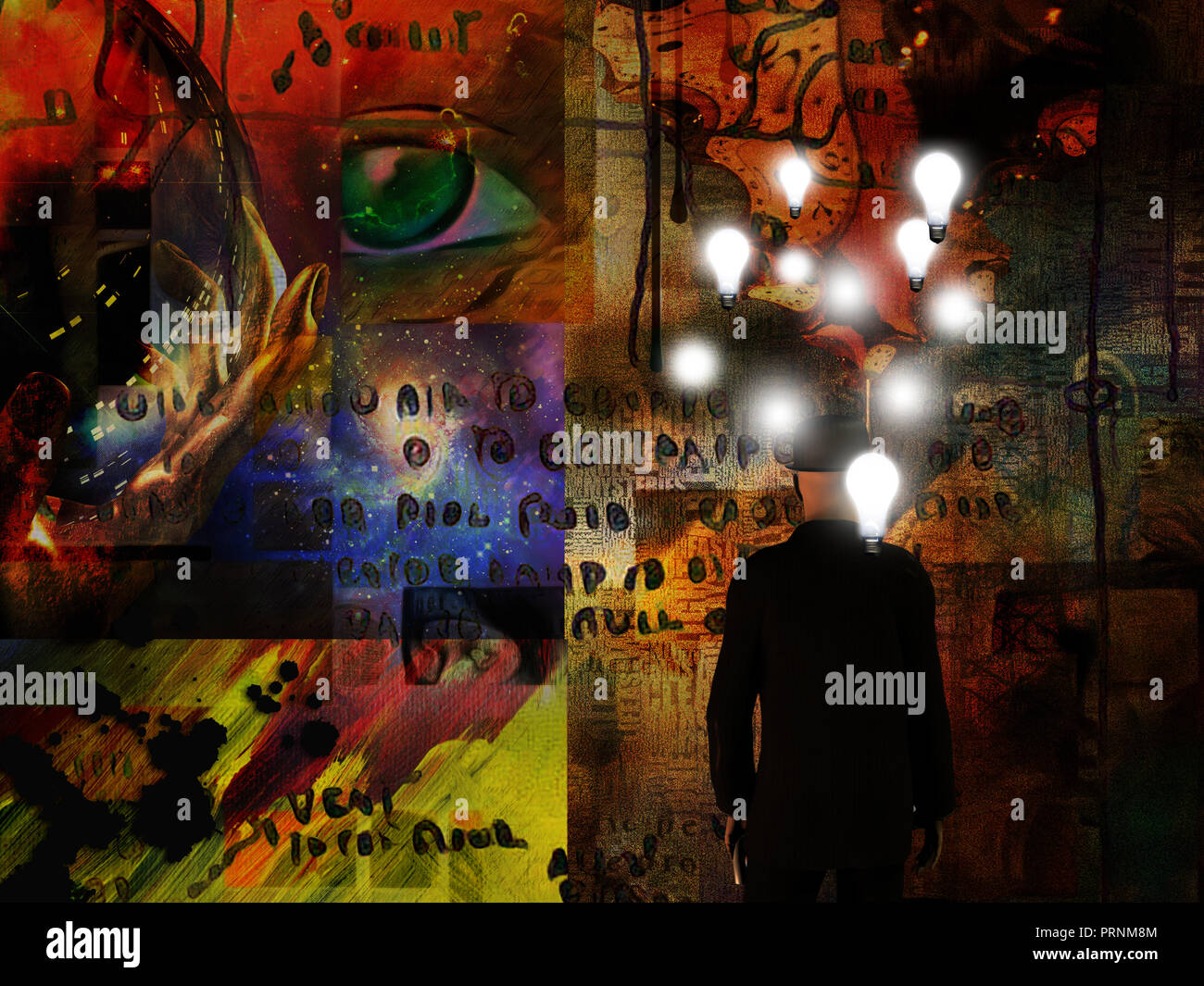 Surrealism. Businessman with light bulbs symbolizes ideas. Hand holds ...