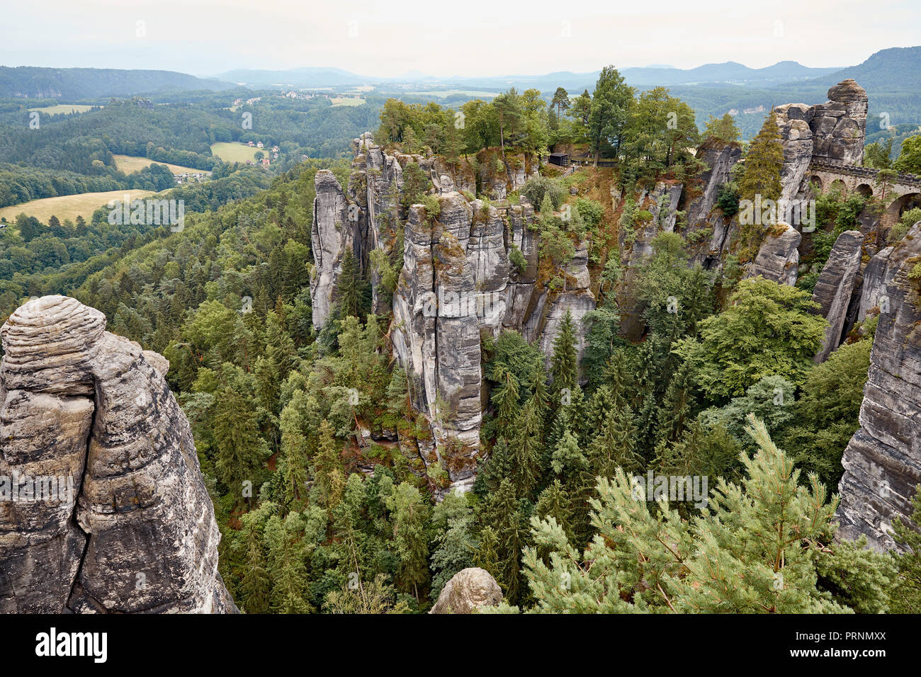 aerial view of beautiful old rocks and forest in Bastei, Germany Stock ...