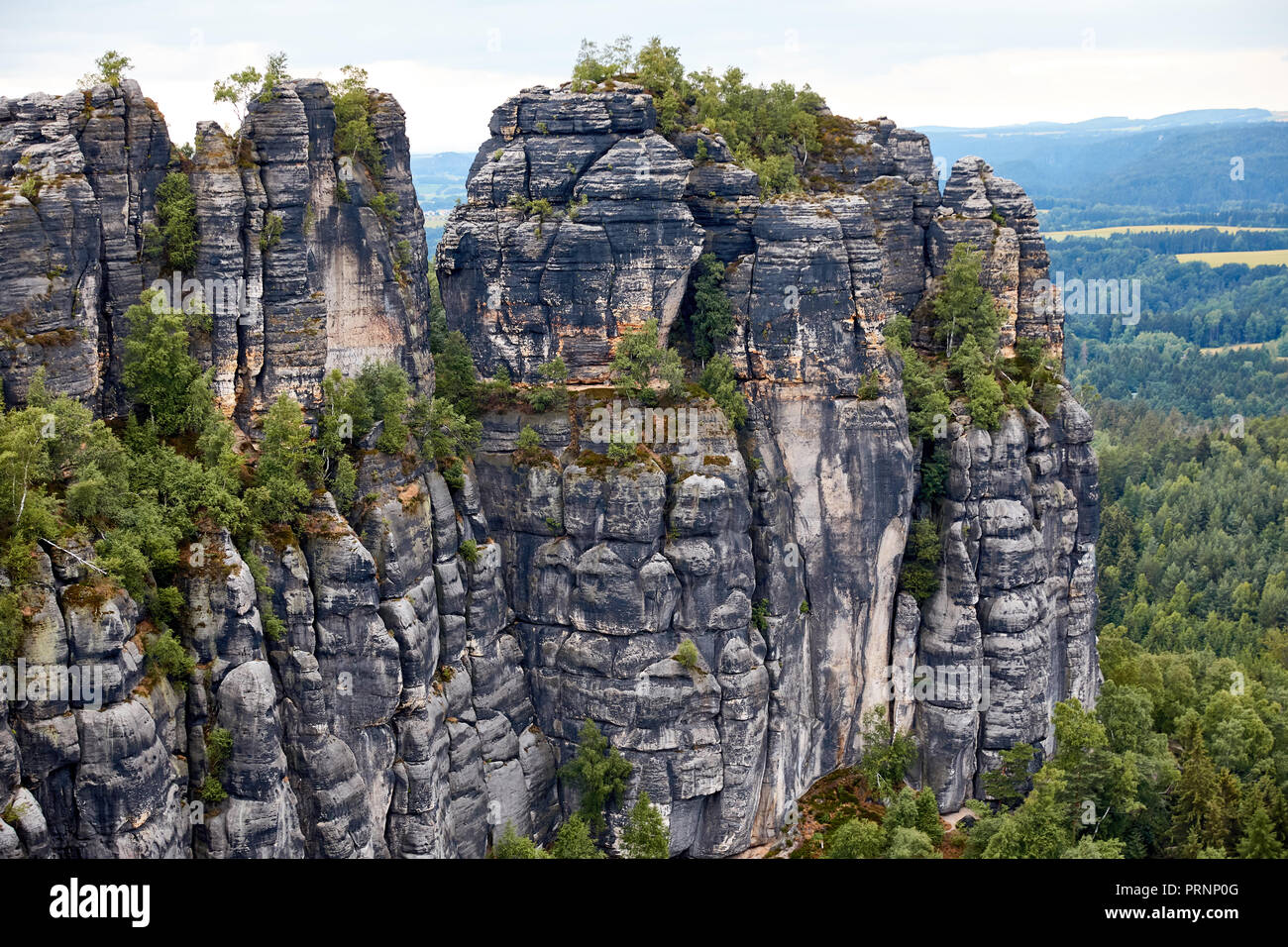 aerial view of beautiful landscape with old rocks and forest in Bastei ...