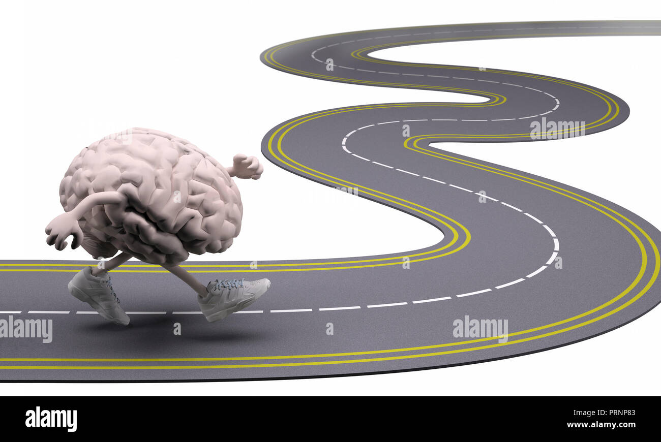 human brain with arms, legs and sneackers on his feet that runs in the ...