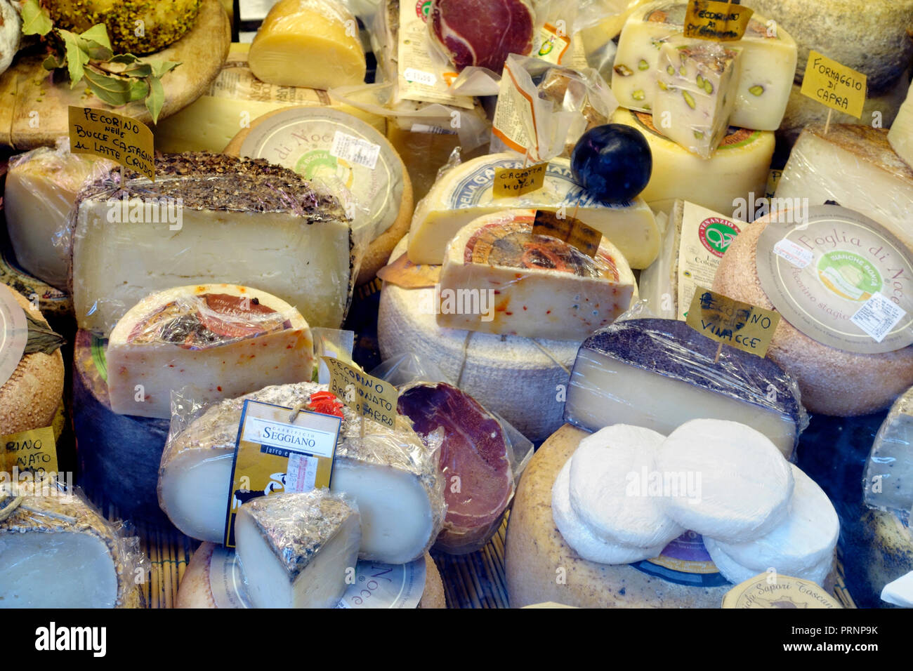LUCCA,ITALY-SEPTEMBER 26,2018: A lot of various Italian cheeses at the ...