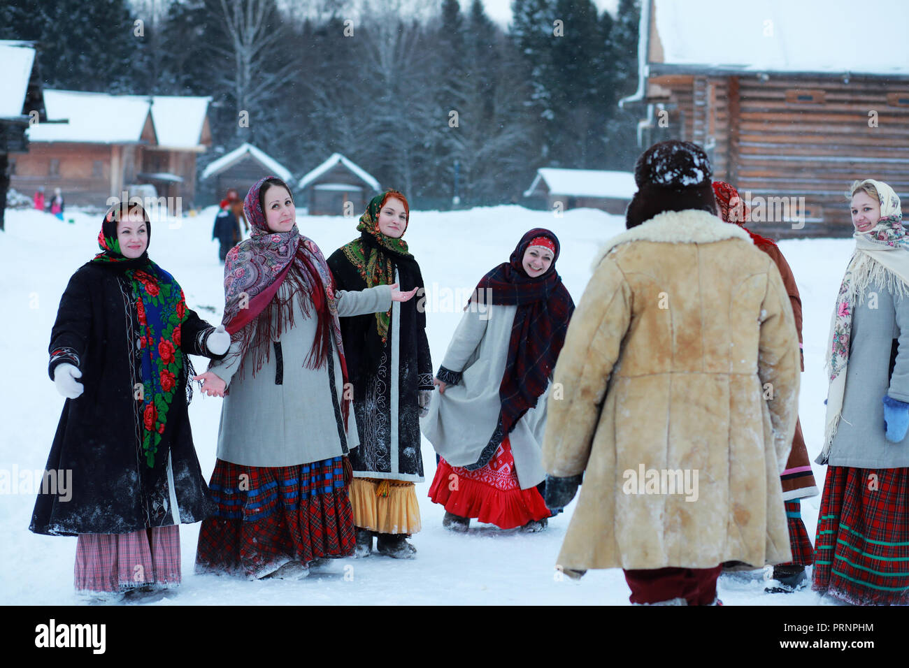 young girls in traditional costumes of the Russian north in wint Stock ...