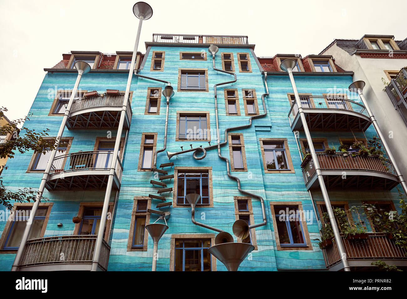 GERMANY, DRESDEN - 26 JUNE 2018: low angle view of modern blue funnel ...