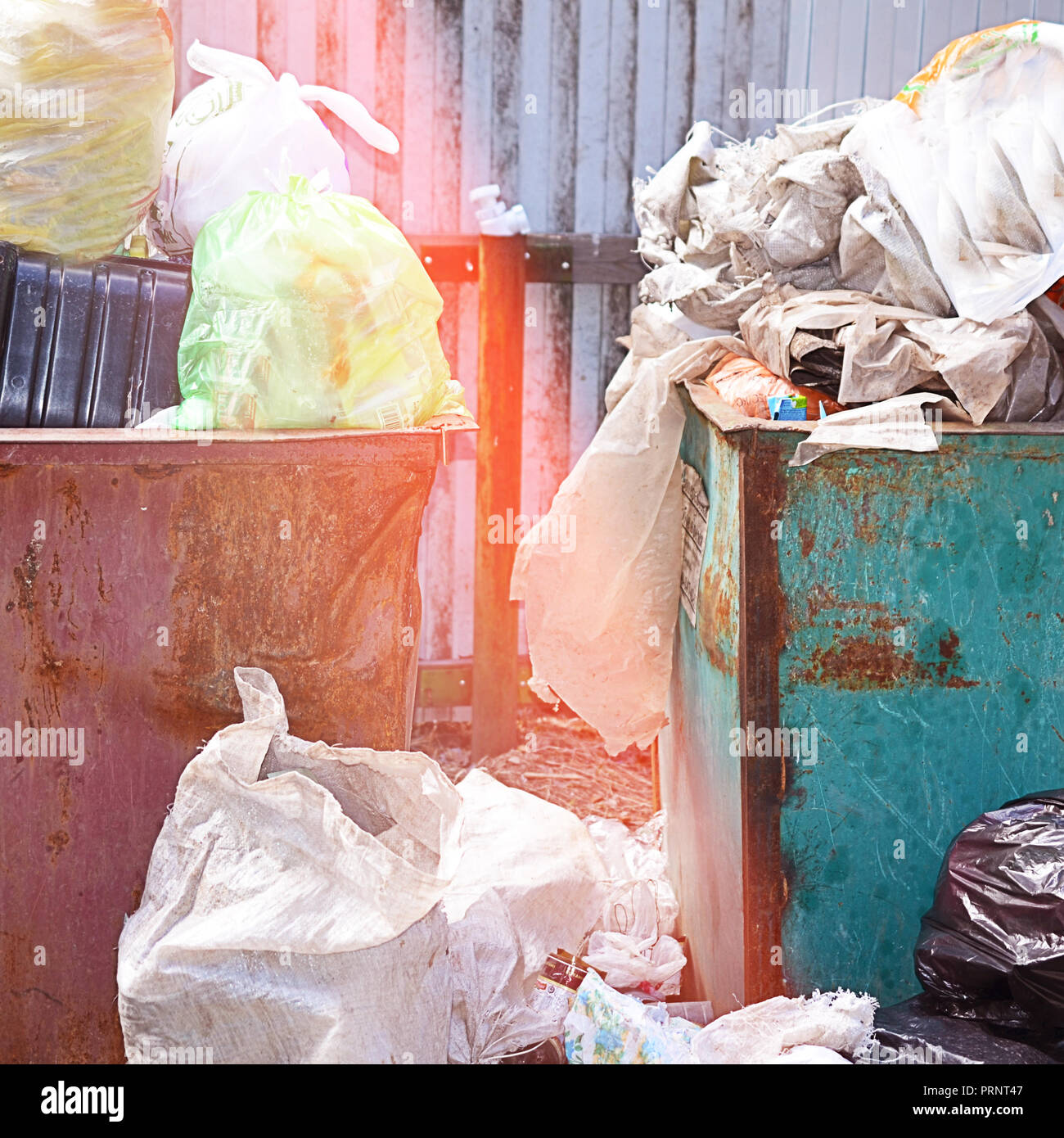 Litter box full of garbage in forest. Concept of ecology problem. Toned ...