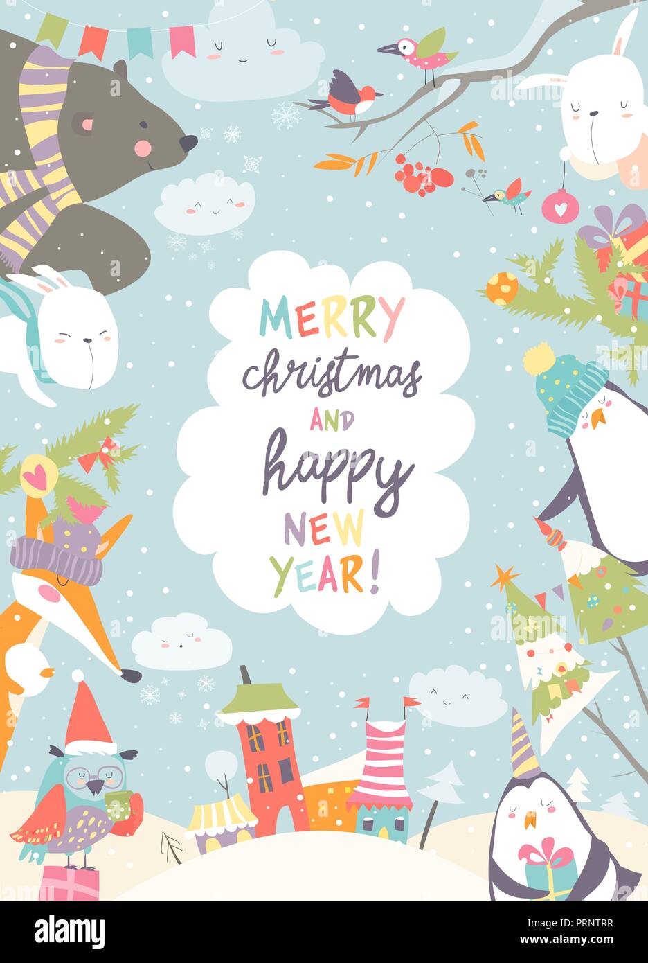 Cute christmas frame with funny cartoon animals Stock Vector Image ...