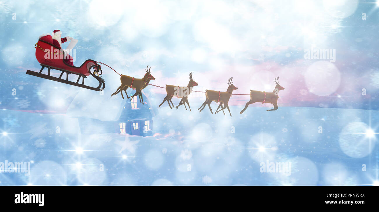 Composite image of side view of santa claus riding on sleigh during ...