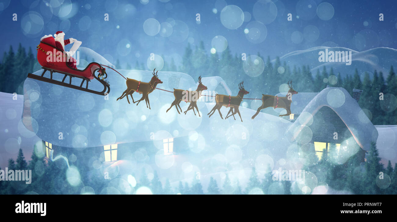 Composite image of side view of santa claus riding on sleigh during ...